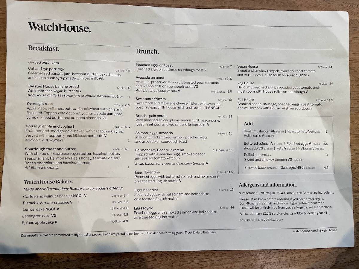 Menu at WatchHouse Tower Bridge cafe, London, 37 Shad Thames