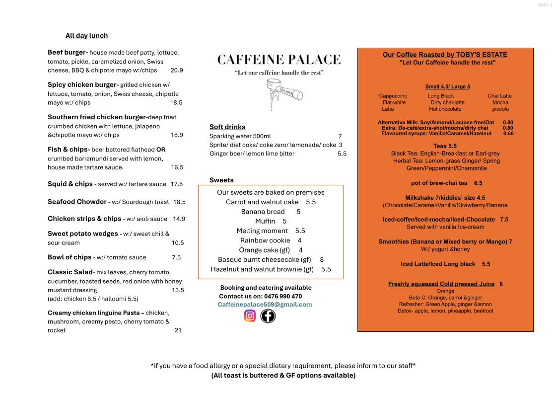 Menu at Caffeine Palace cafe, Montrose