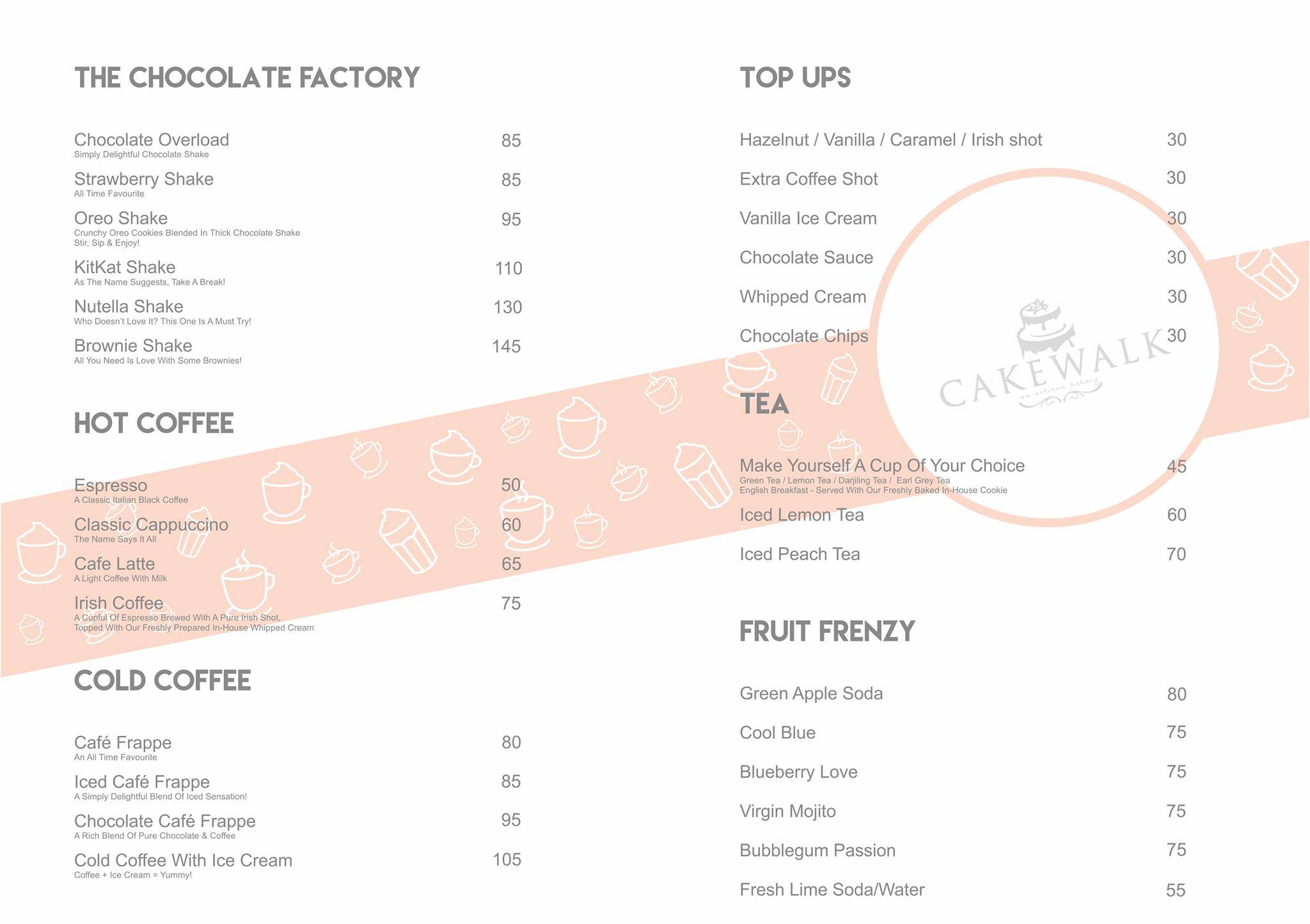 Menu at Cakewalk,, Bhopal, 1