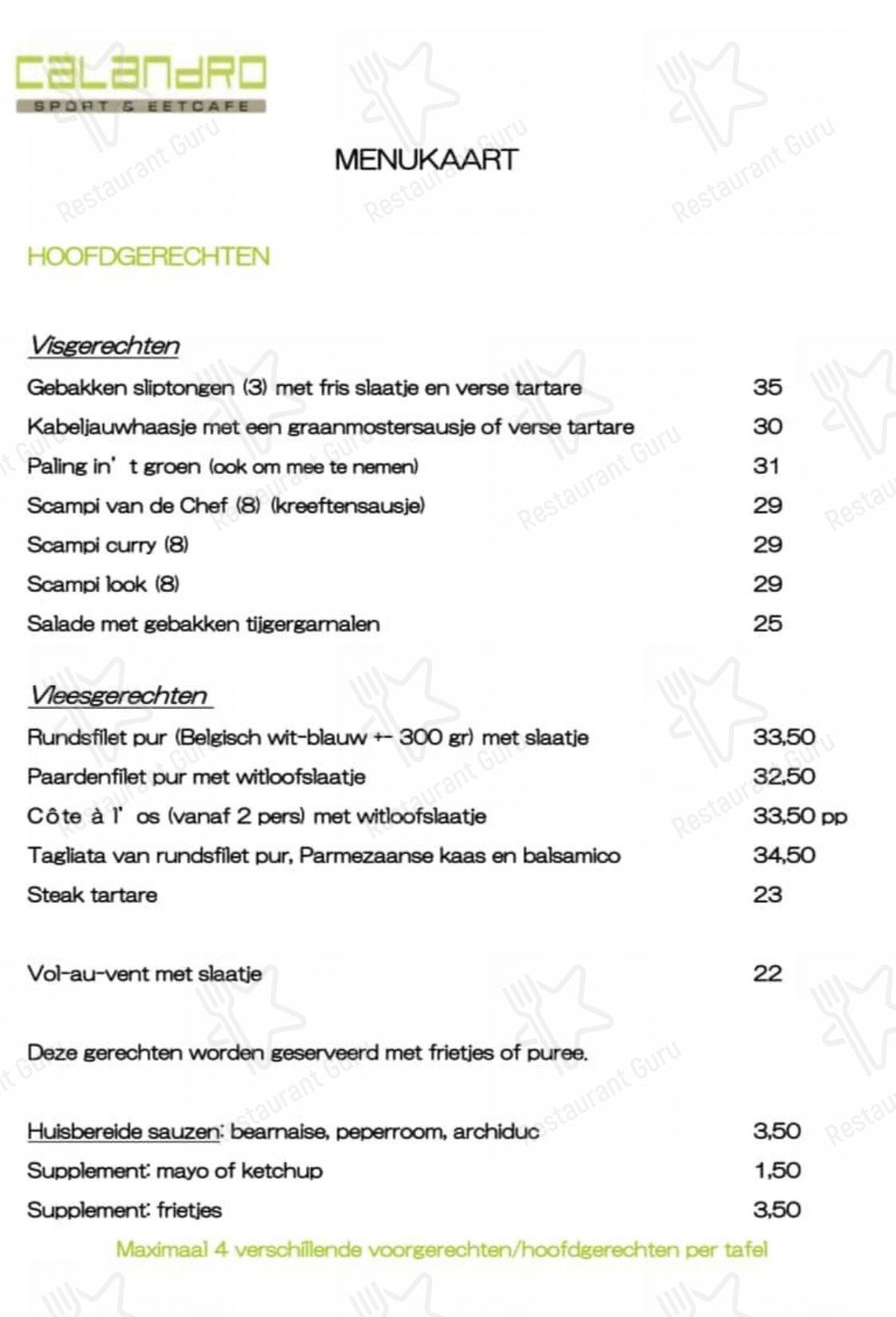 Menu at Calandro, Kapelle-op-den-Bos, Pastoriestraat 86