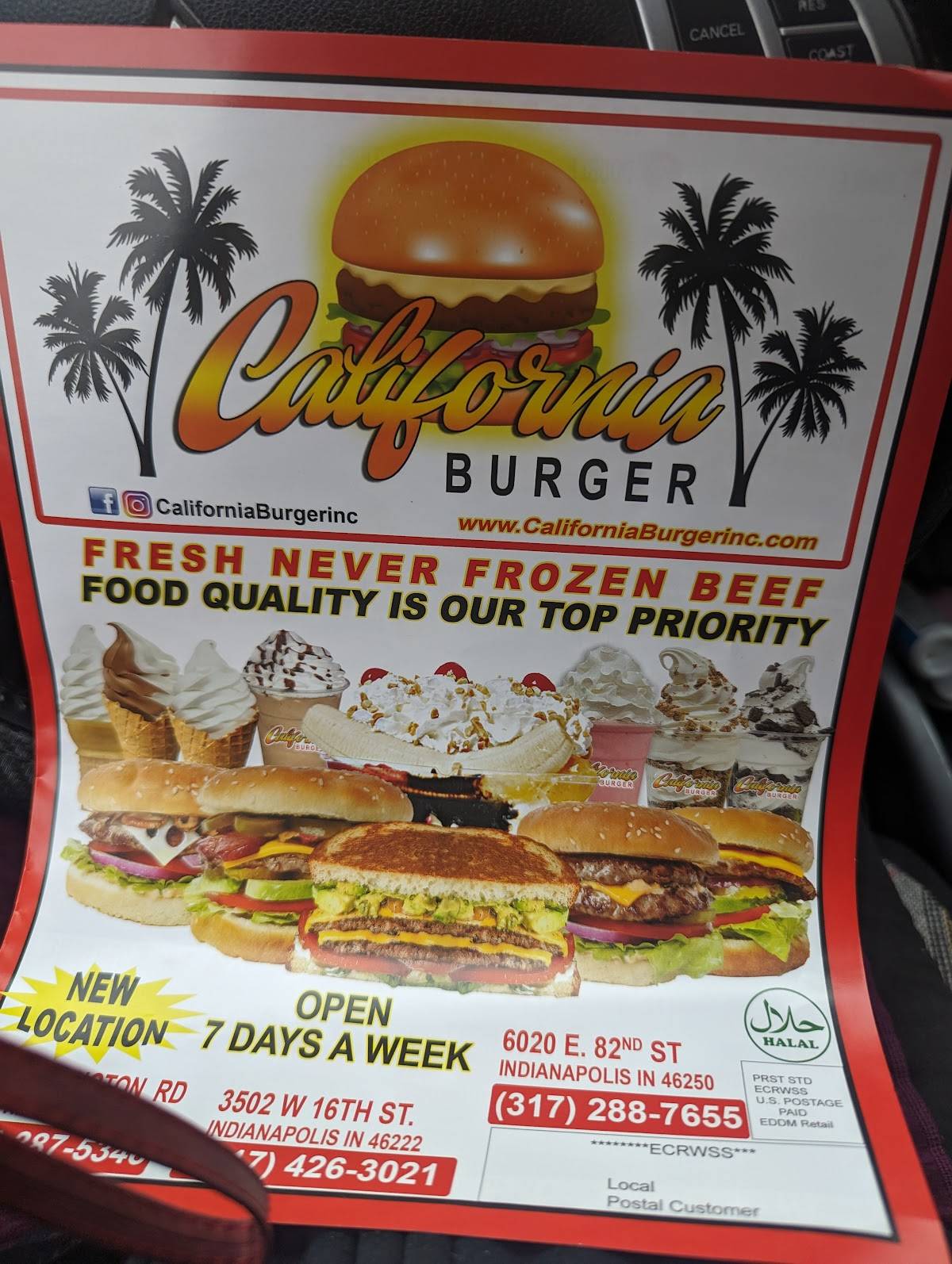 Menu at California Burger restaurant, Indianapolis, W 16th St