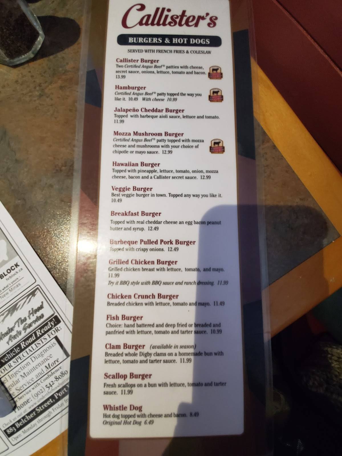 Menu at Callister's Country Kitchen restaurant, Coldbrook
