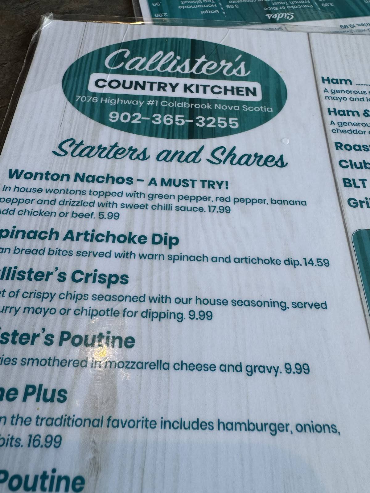 Menu at Callister's Country Kitchen restaurant, Coldbrook