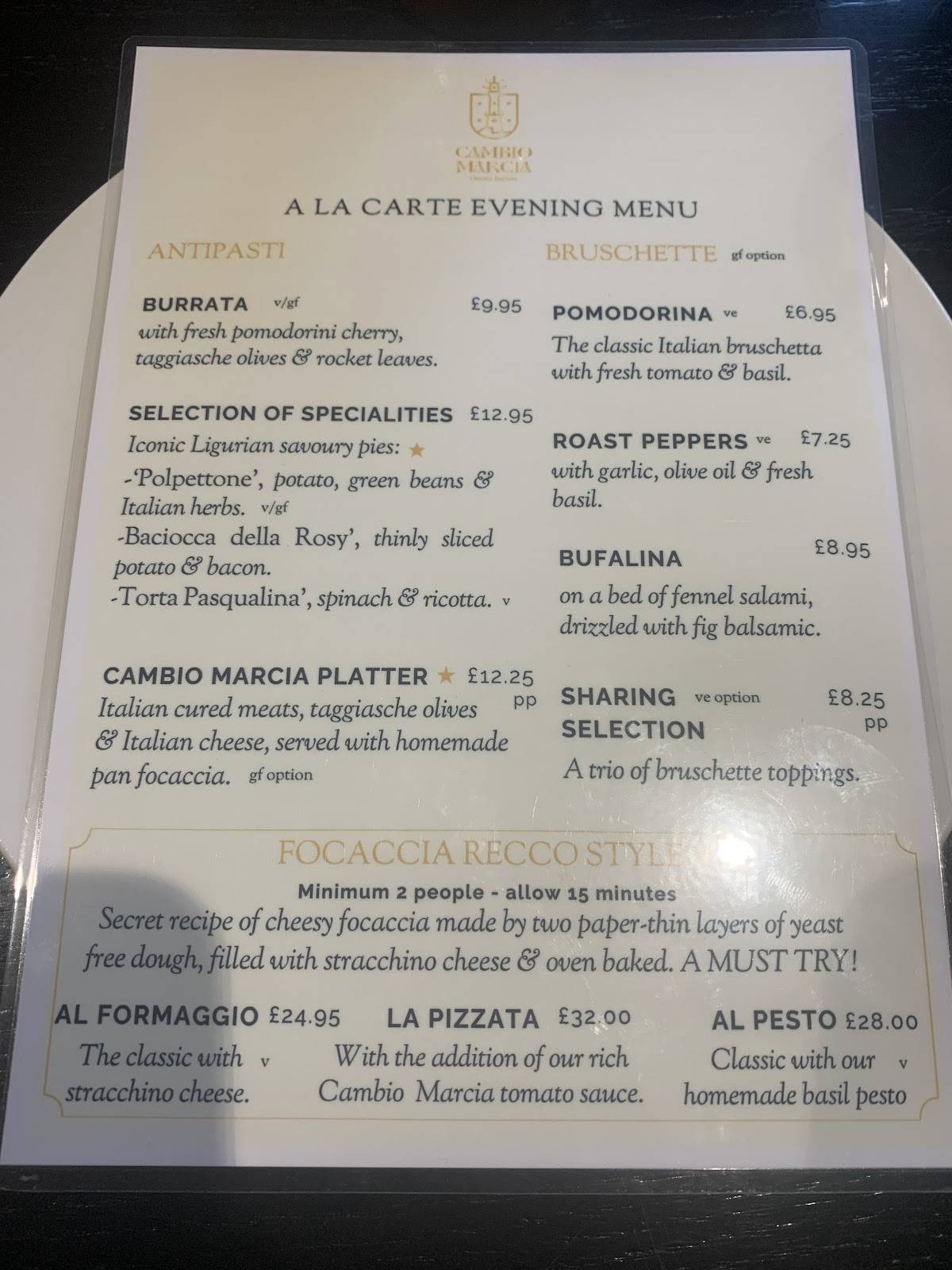 Menu at Cambio Marcia restaurant, Guildford