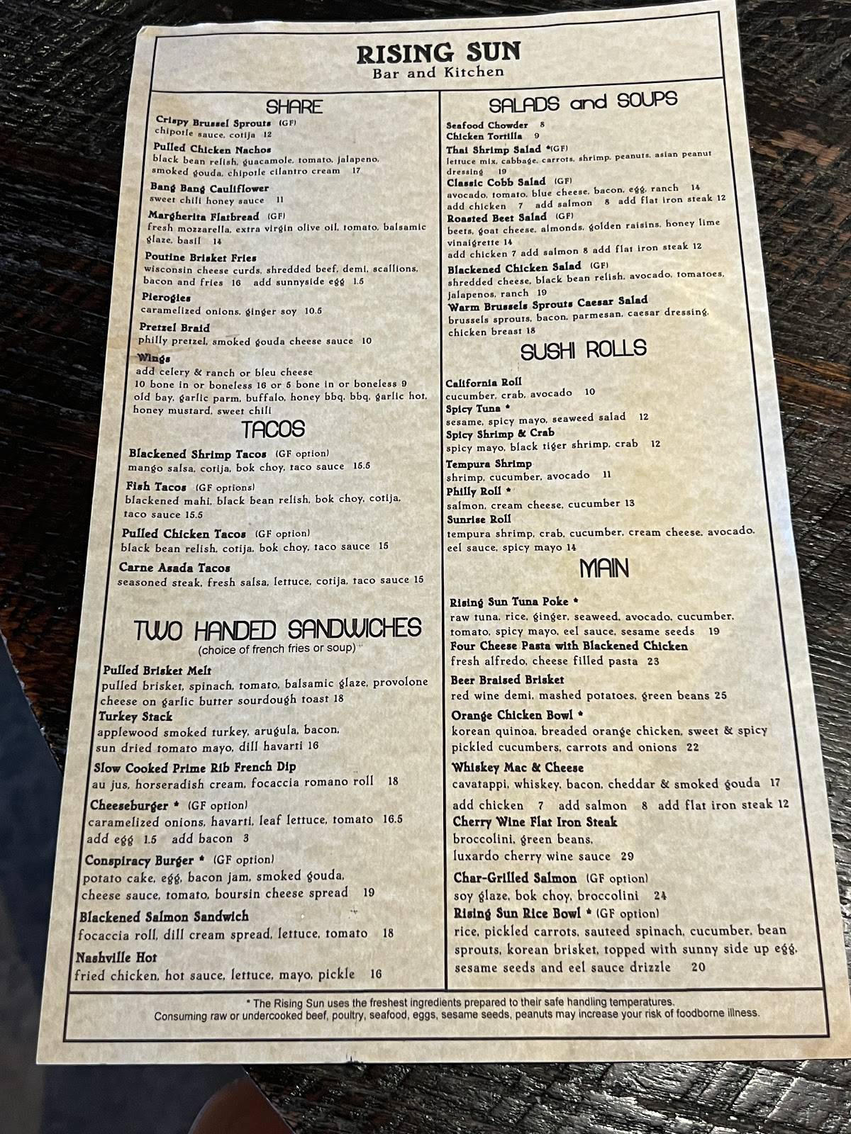 Menu at Rising Sun Bar & Kitchen, Campbelltown
