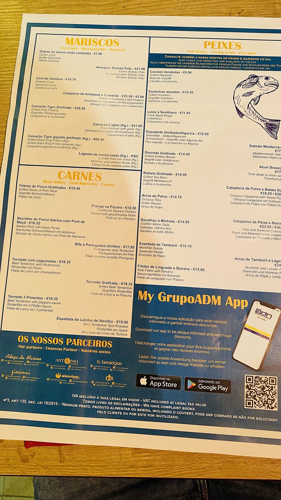 Menu at Campimar restaurant, Lagos, Praia de