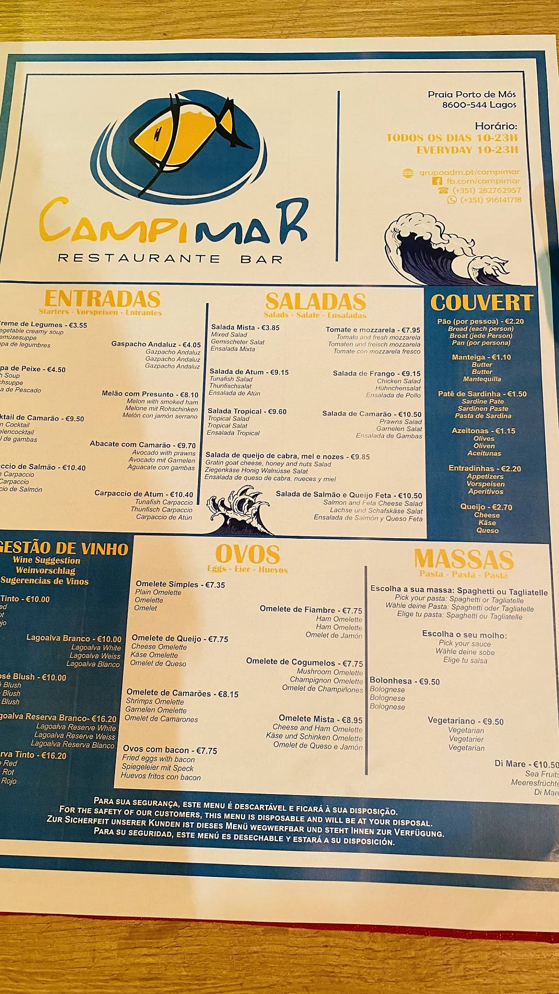 Menu at Campimar restaurant, Lagos, Praia de