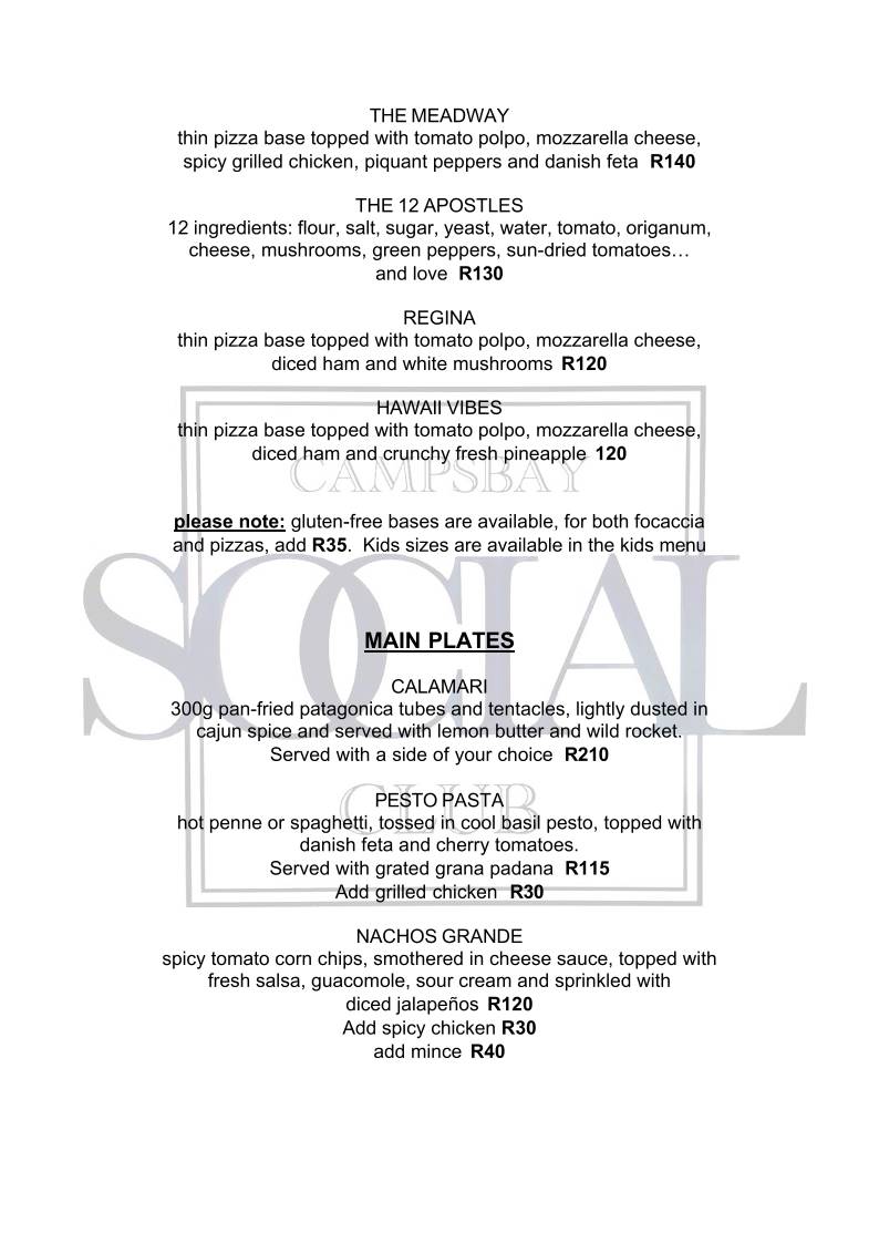 Menu at Camps Bay Social Club, Cape Town