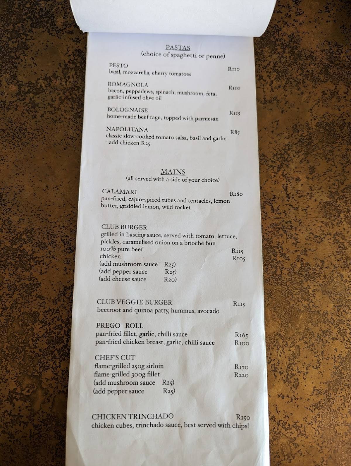 Carta de Camps Bay Social Club, Ciudad del Cabo