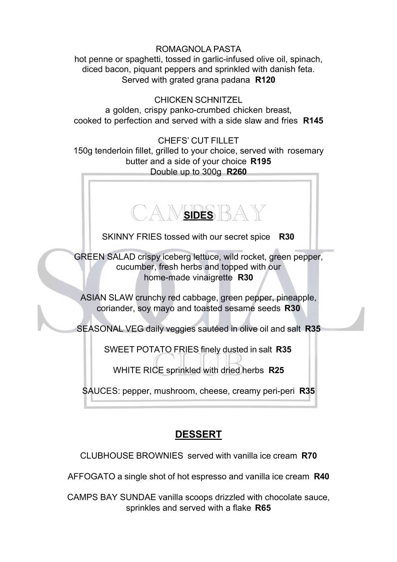 Carta de Camps Bay Social Club, Ciudad del Cabo