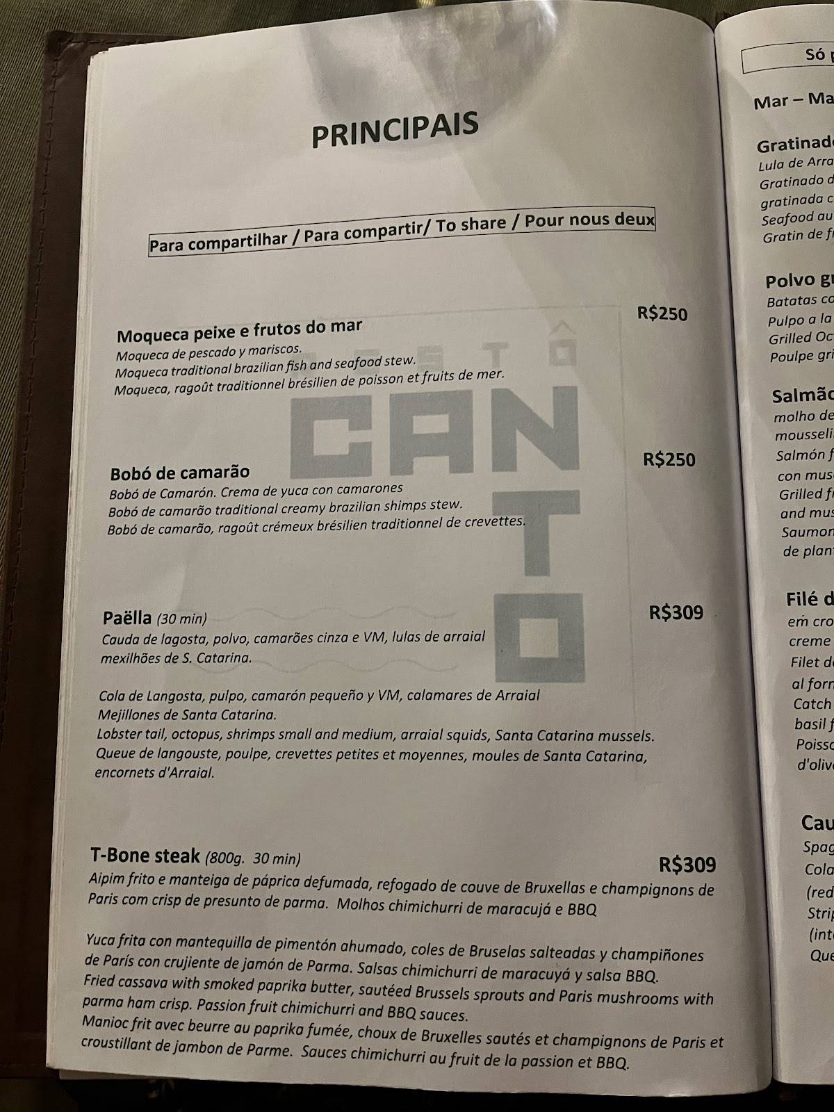Menu em Restô Canto restaurante, Armação dos Búzios