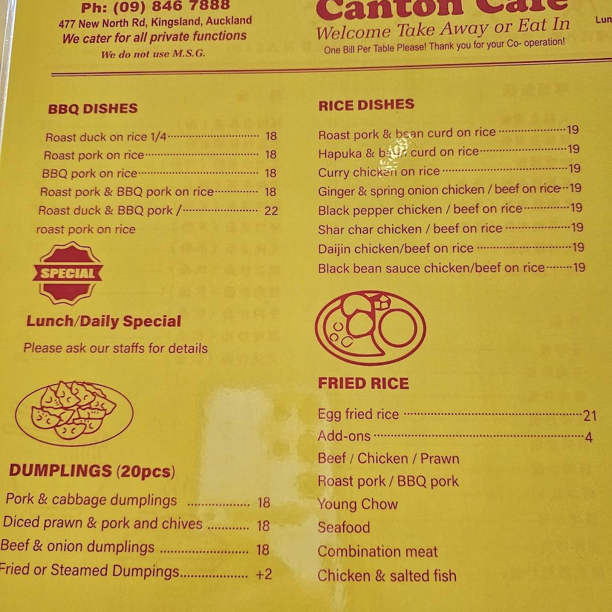 Menu at Canton Cafe, Auckland, 477 New N Rd