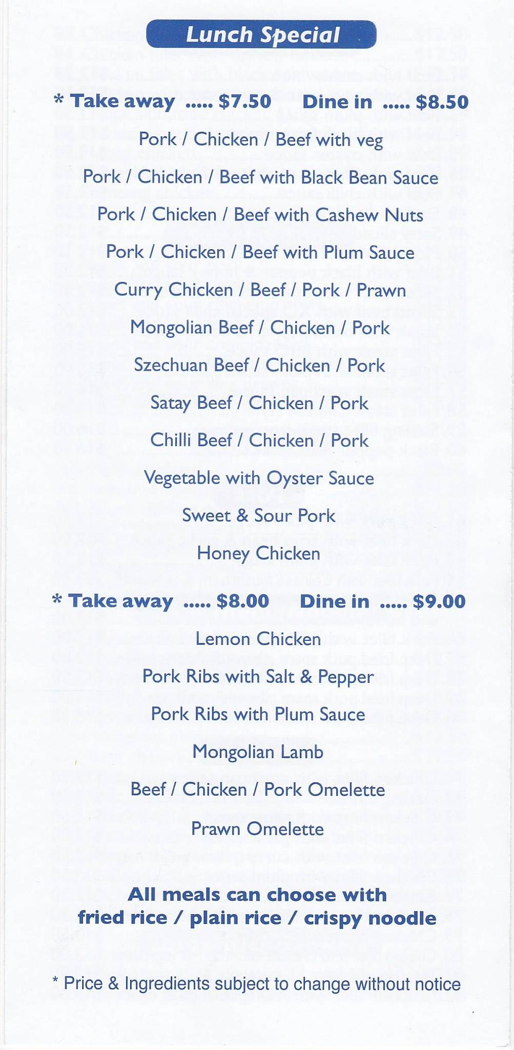 Menu at Canton Village Chinese Restaurant, Pendle Hill