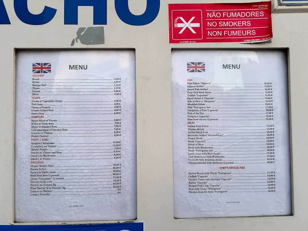 Menu at Capacho restaurant, Alvor