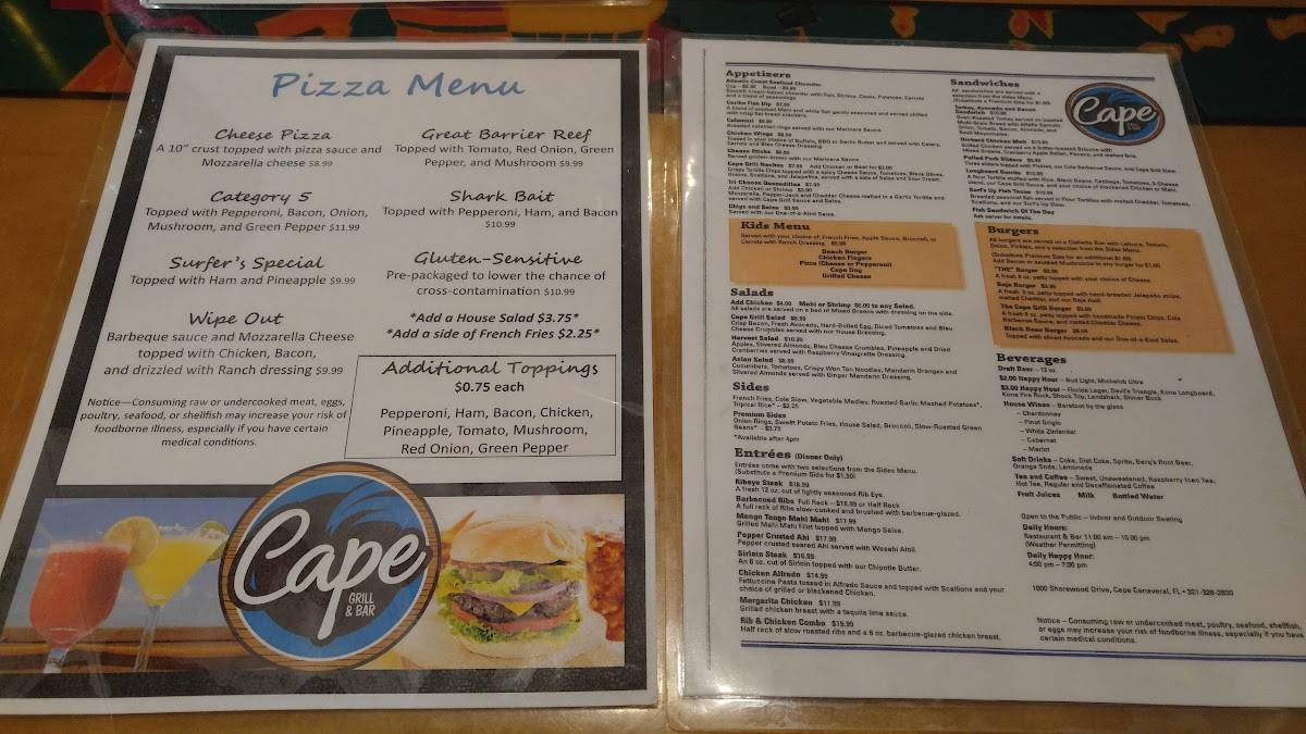 Menu at Cape Grill & Bar, Cape Canaveral