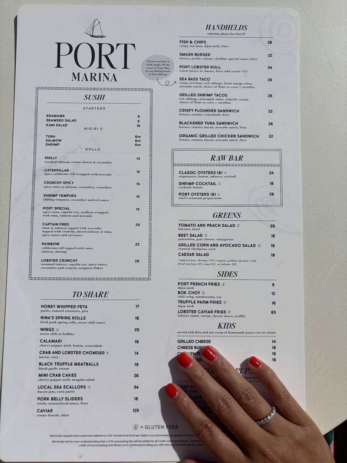 Menu at Port Marina and Restaurant, Cape May