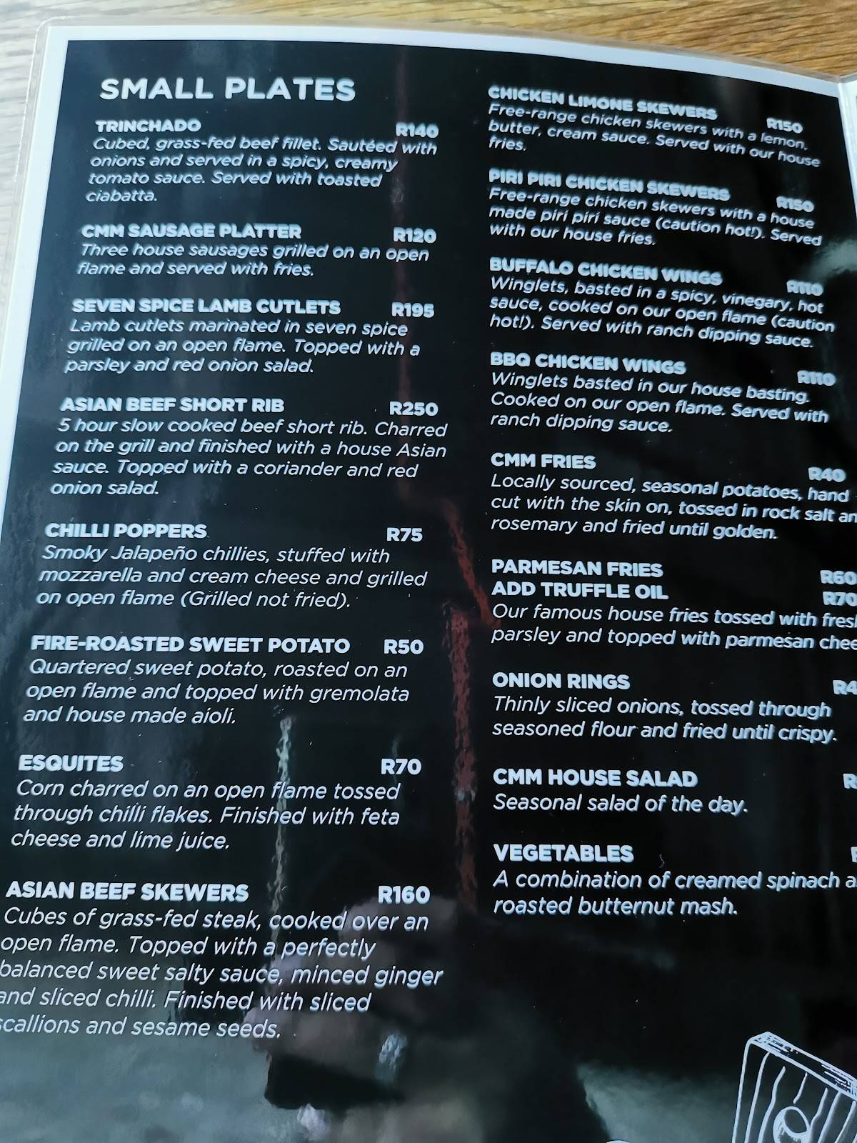 Menu at Conscious Carnivores restaurant, Cape Town
