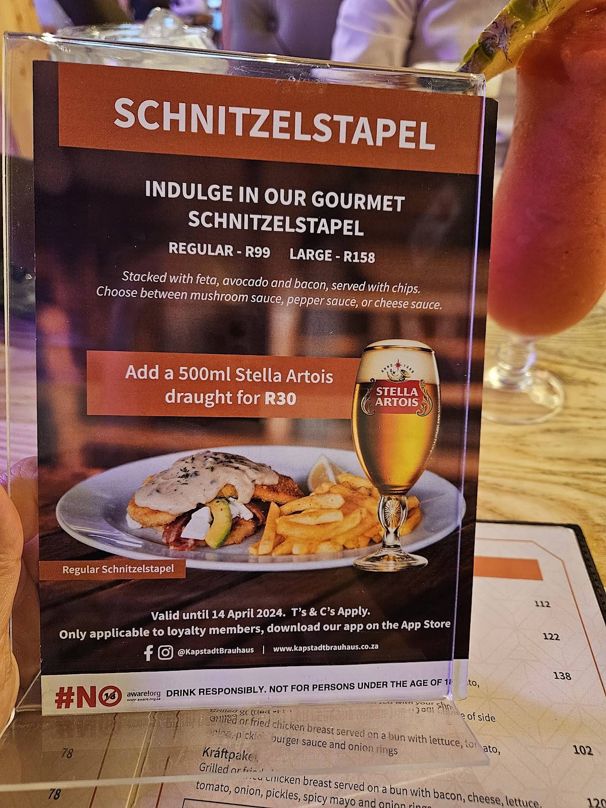Menu at Kapstadt Brauhaus Strand restaurant, Cape Town