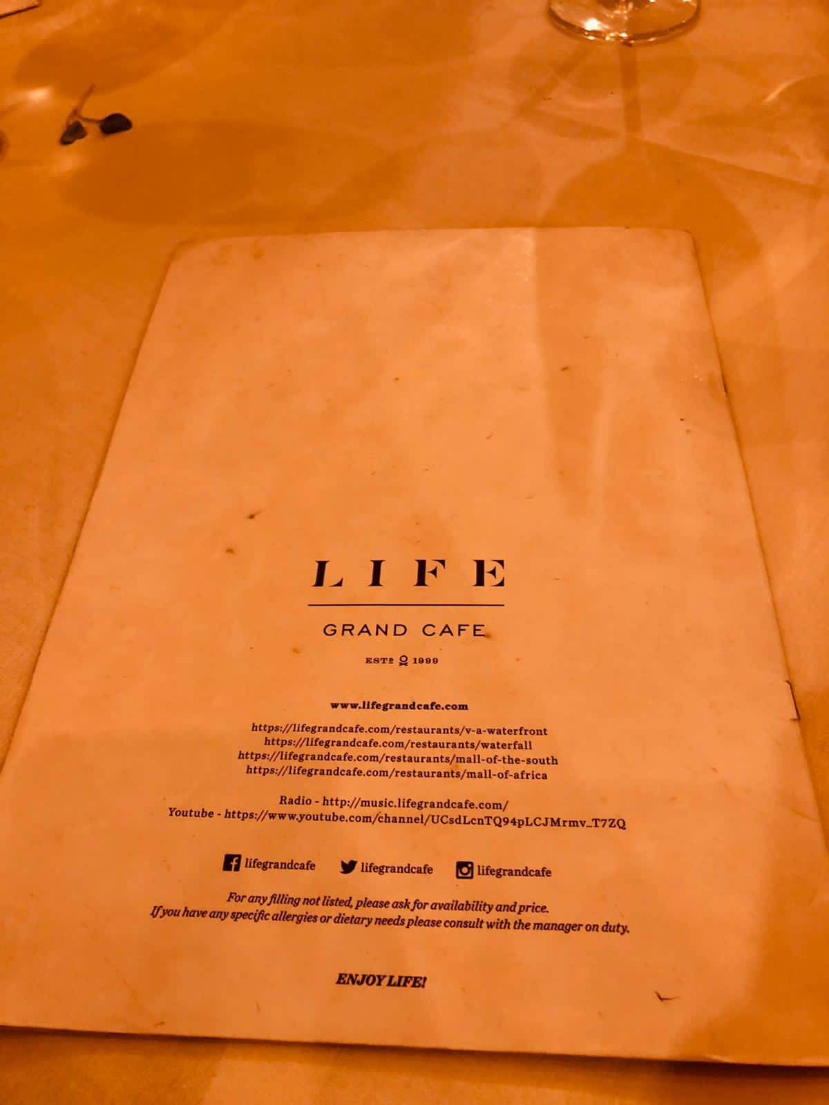 Menu at Life Grand Cafe Waterfront, Cape Town, 2 Pierhead Road