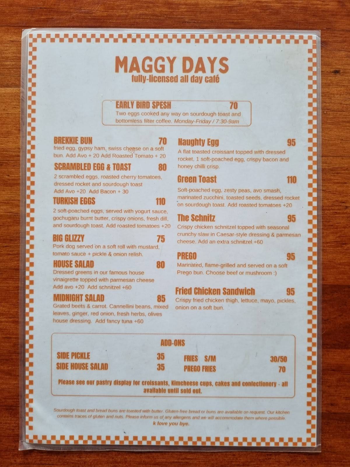 Menu at Maggy Lou's restaurant, Cape Town