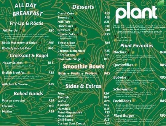 Menu at Plant restaurant, Cape Town, 8 Buiten St