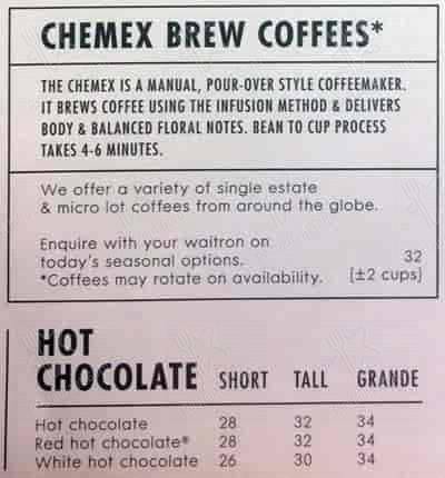 Menu at Woolworths Now Now restaurant, Cape Town, 204 Esplanade Rd