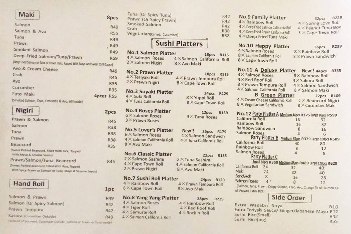 Menu at Yang Yang Chinese Restaurant & Sushi Bar, Cape Town