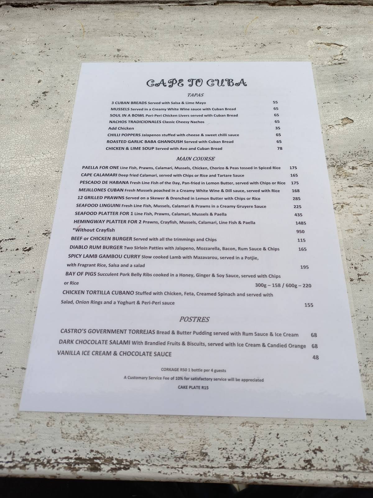 Menu at Cape to Cuba restaurant, Cape Town, 165 Main Rd