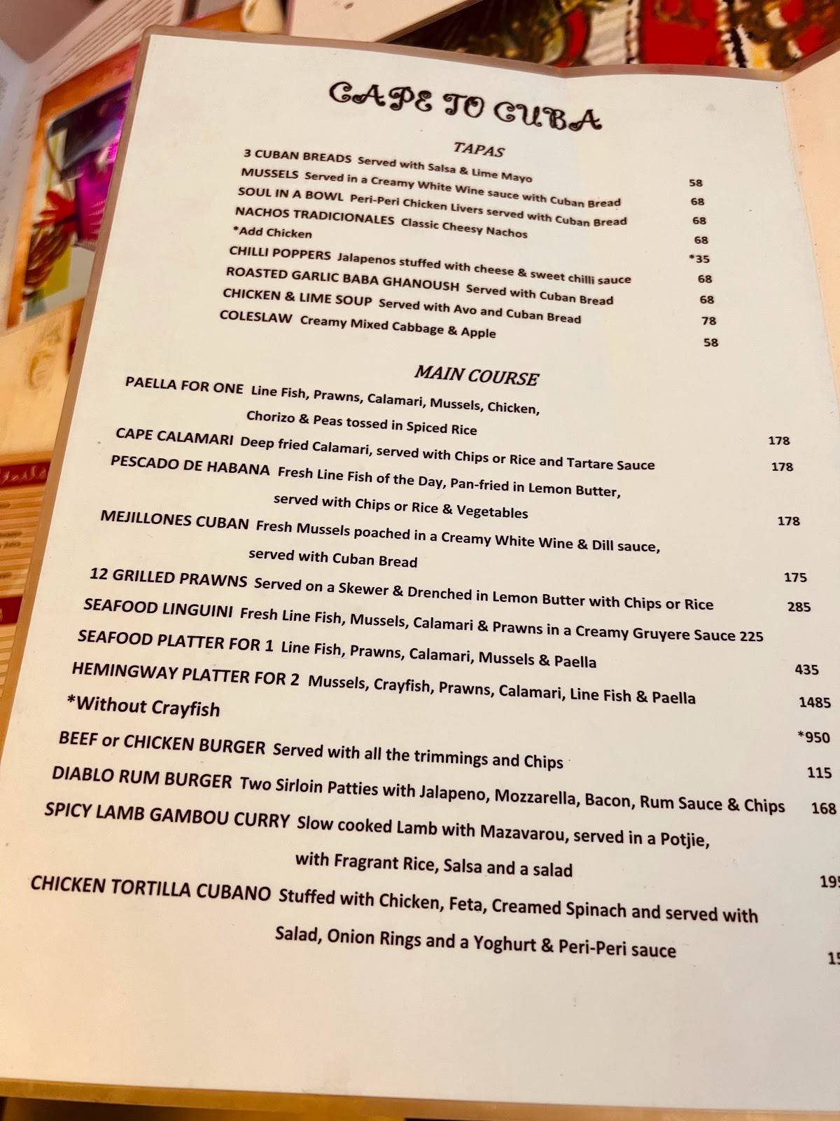 Menu at Cape to Cuba restaurant, Cape Town, 165 Main Rd