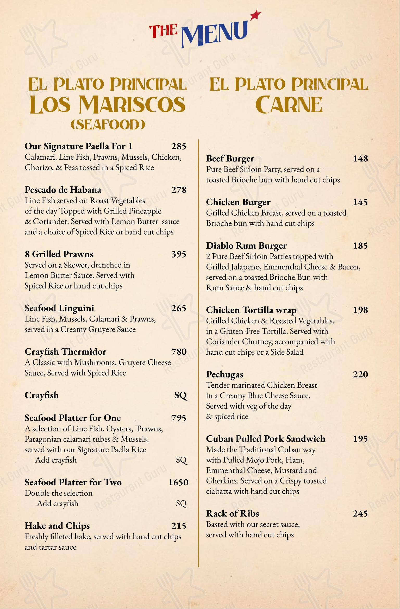 Menu at Cape to Cuba restaurant, Cape Town, 165 Main Rd