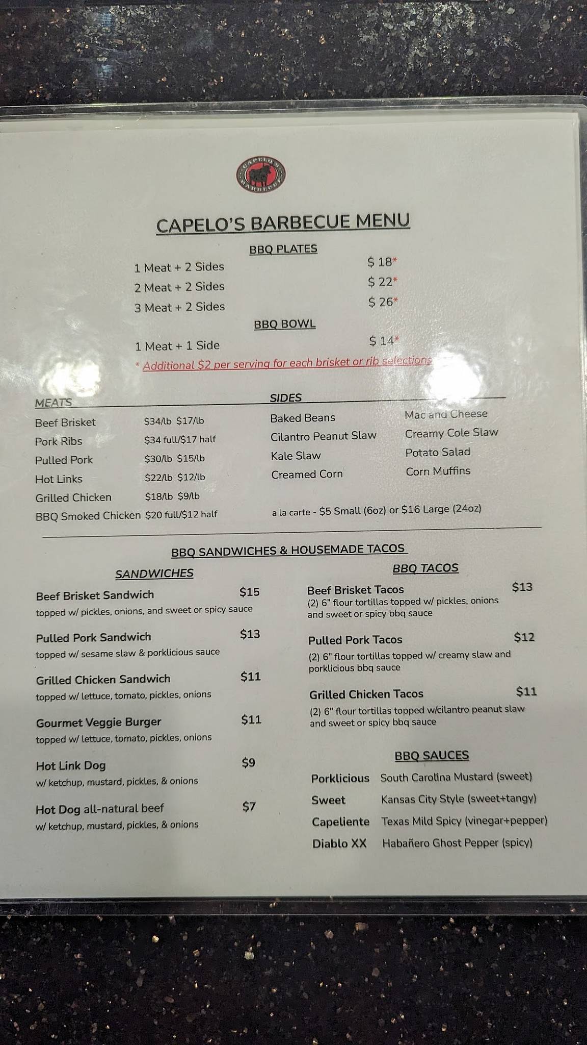 Menu at Capelo's Barbecue, Redwood City, Middlefield Rd