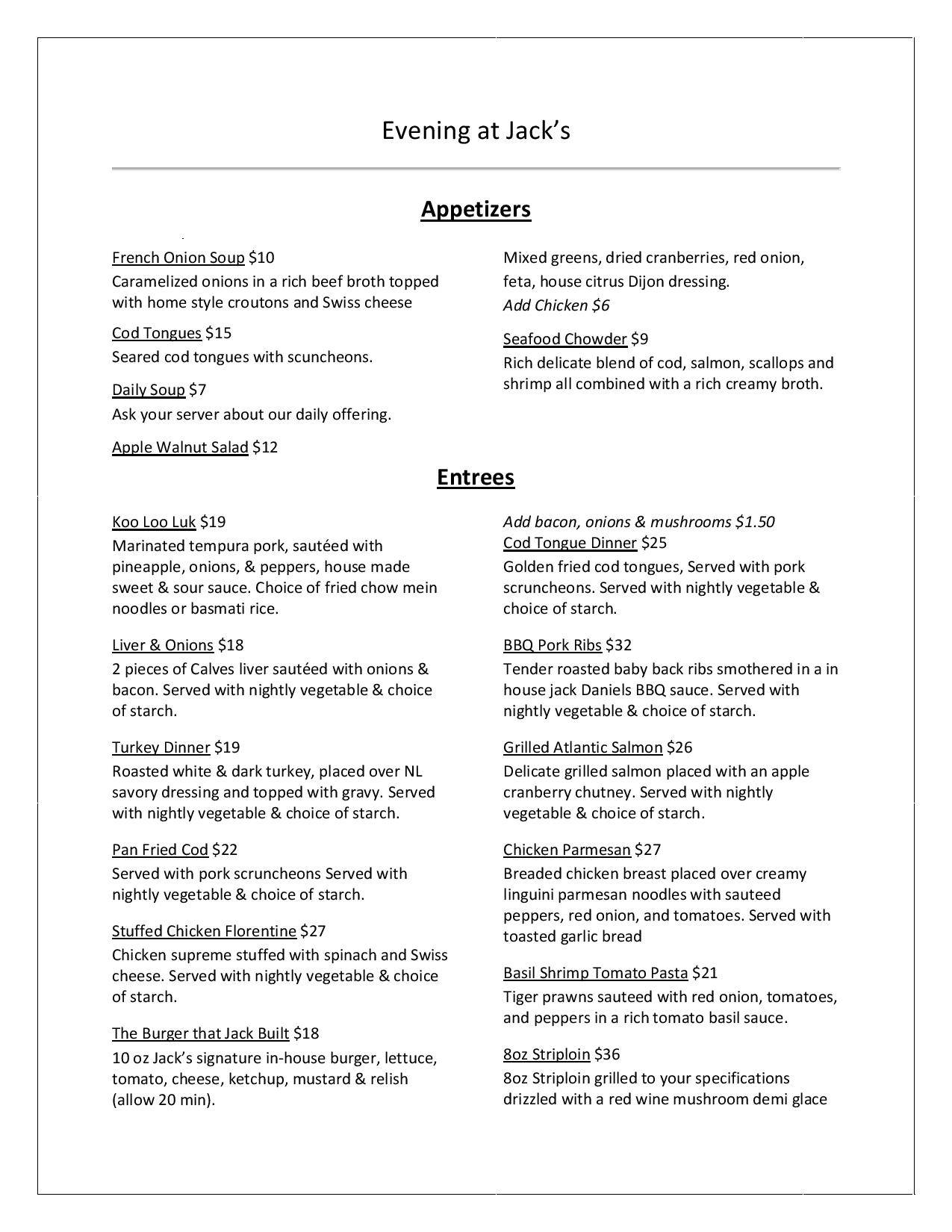 Menu at Capital Hotel restaurant, St. John's