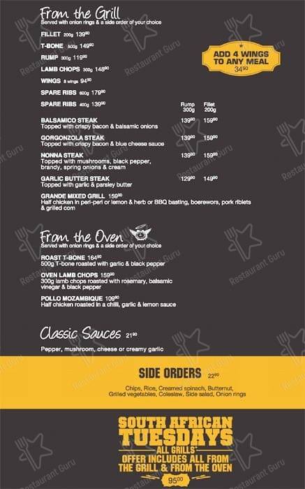 Menu at Cappuccinos Waverley restaurant, Pretoria, 1120 Hertzog St