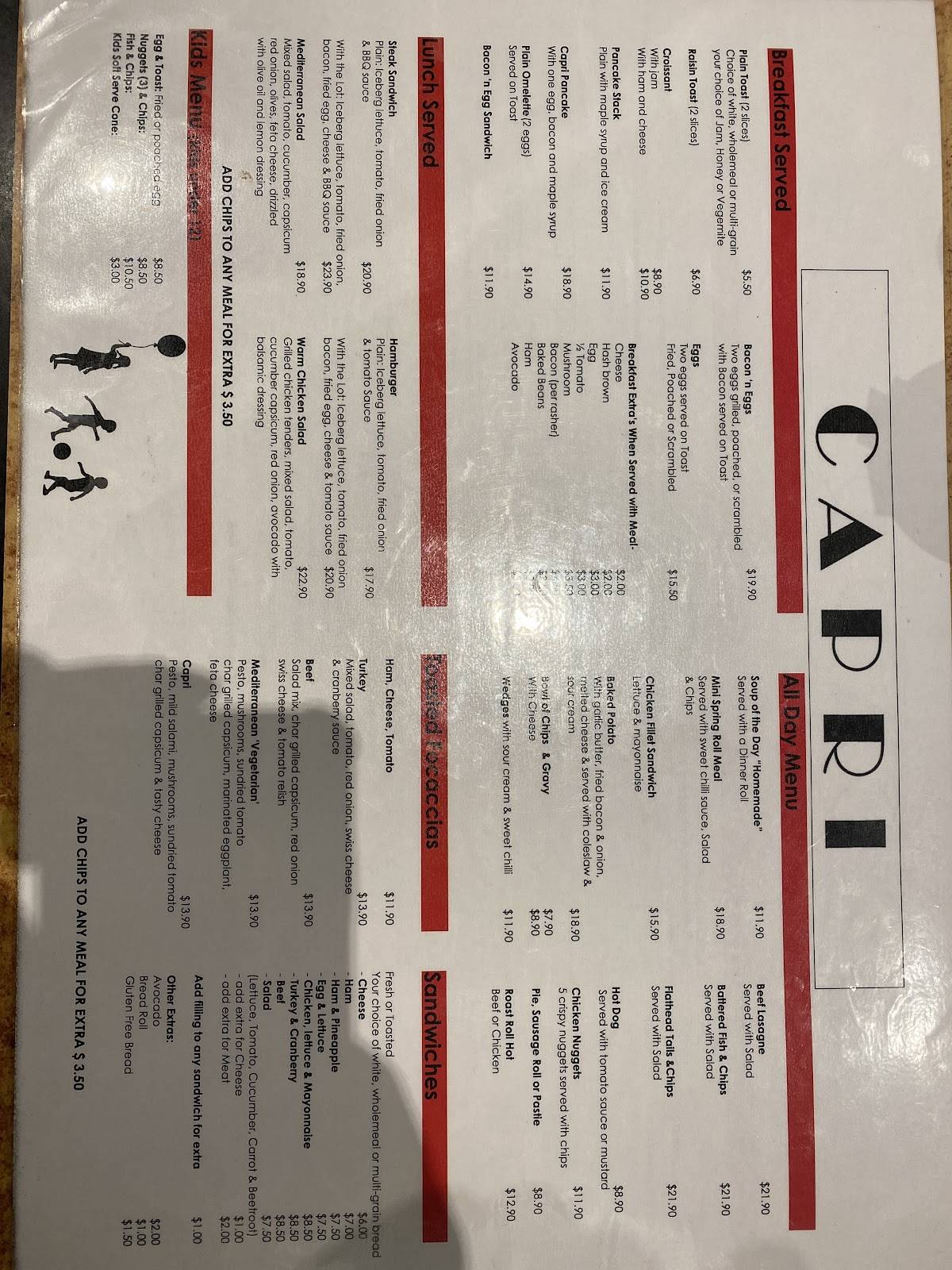 Menu at Capri Cafe, Ballarat Central