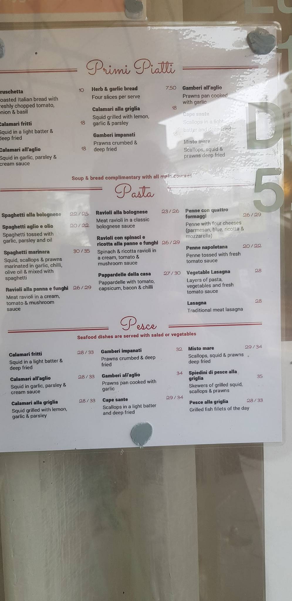 Menu at Capri Restaurant, Fremantle