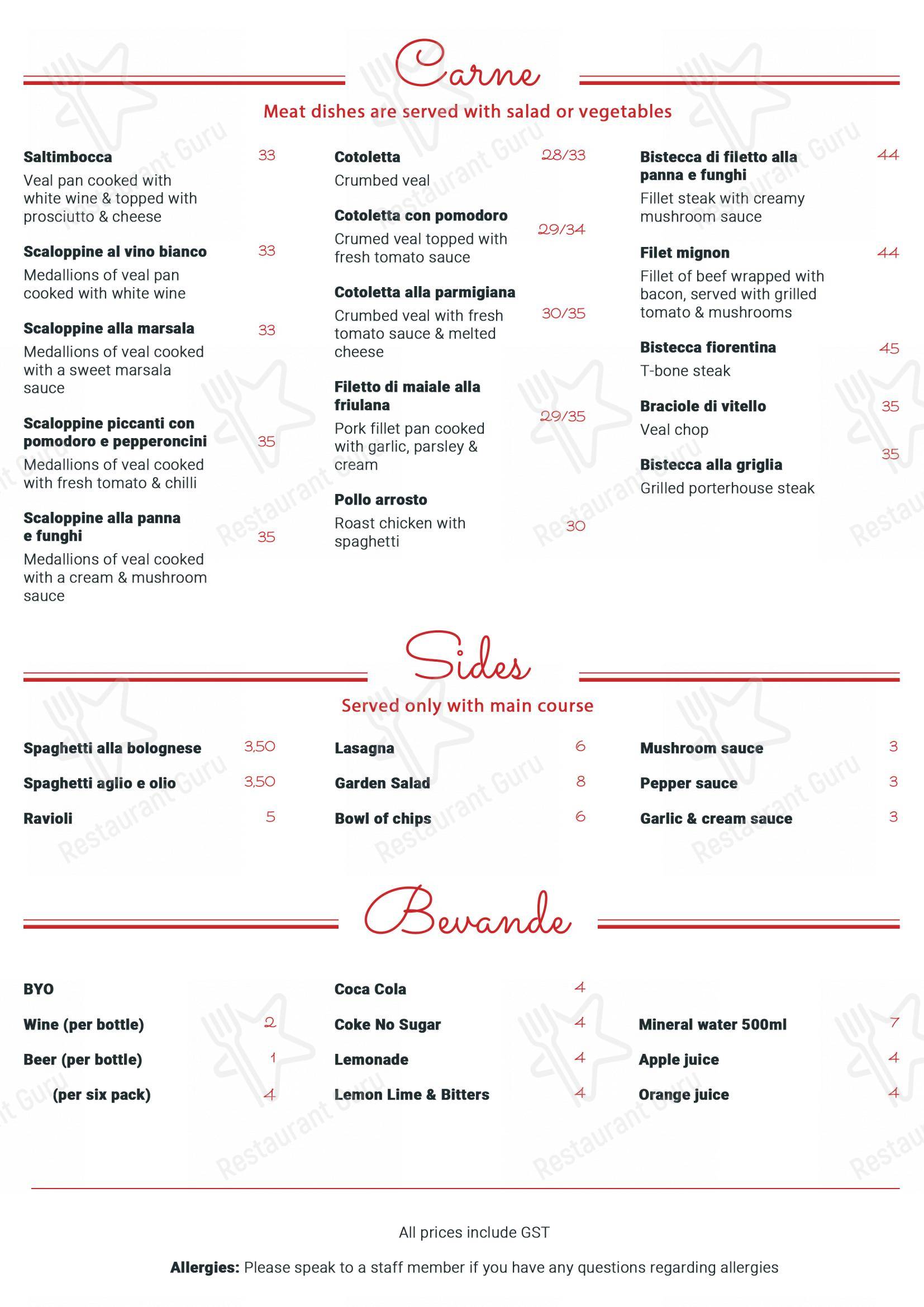 Menu at Capri Restaurant, Fremantle