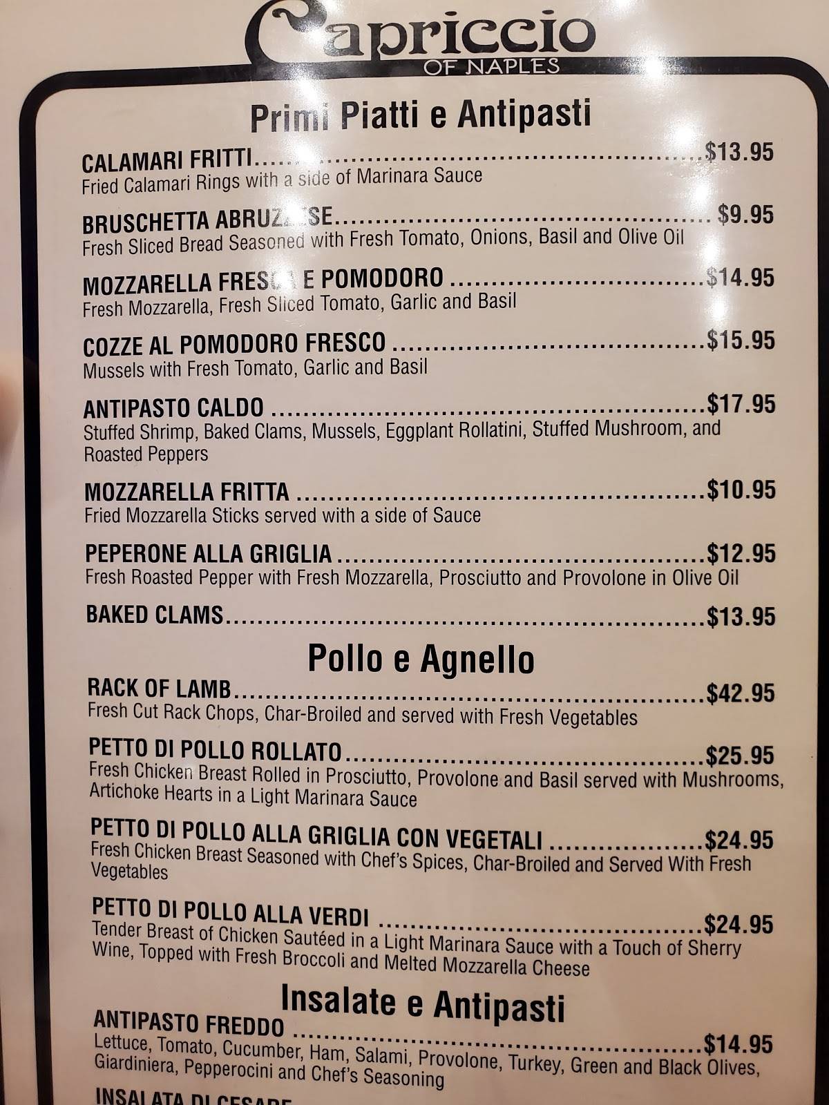 Menu at Capriccio of Naples Italian Restaurant, Naples