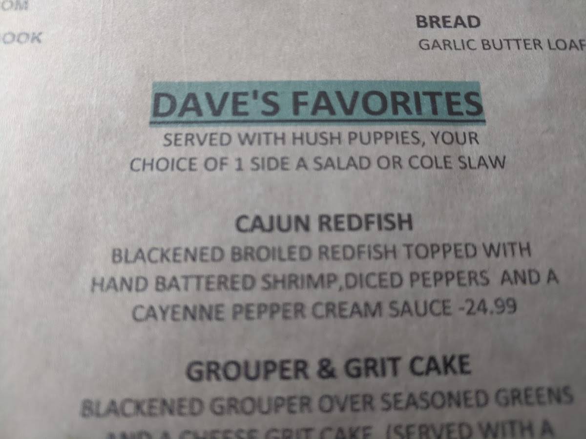 Menu at Captain Dave's On the Gulf restaurant, Destin