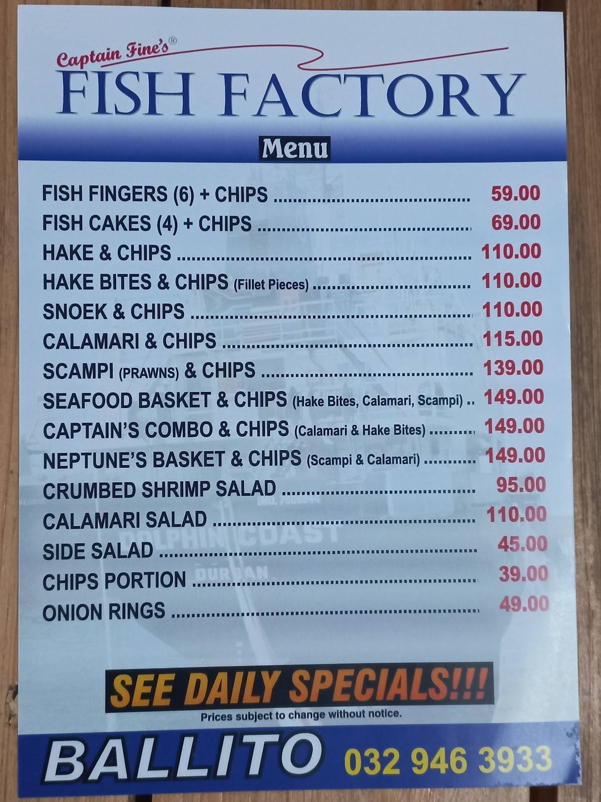 Menu at Captain Fine's Fish Factory- Ballito fast food, Dolphin Coast ...