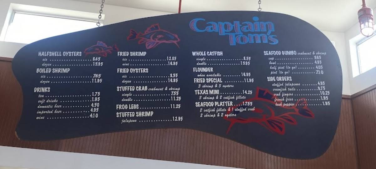 Menu at Captain Tom's restaurant, Houston, FM 1960