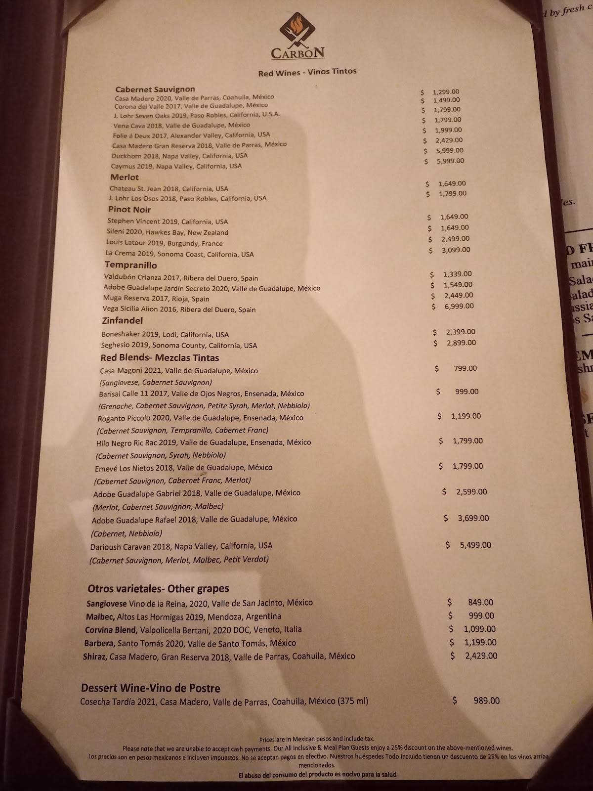 Menu at Carbon Grill restaurant, Cabo San Lucas