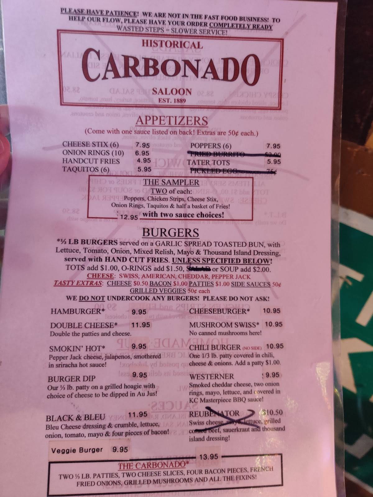 Menu at Carbonado Saloon pub & bar, Carbonado, 91 Pershing Ave