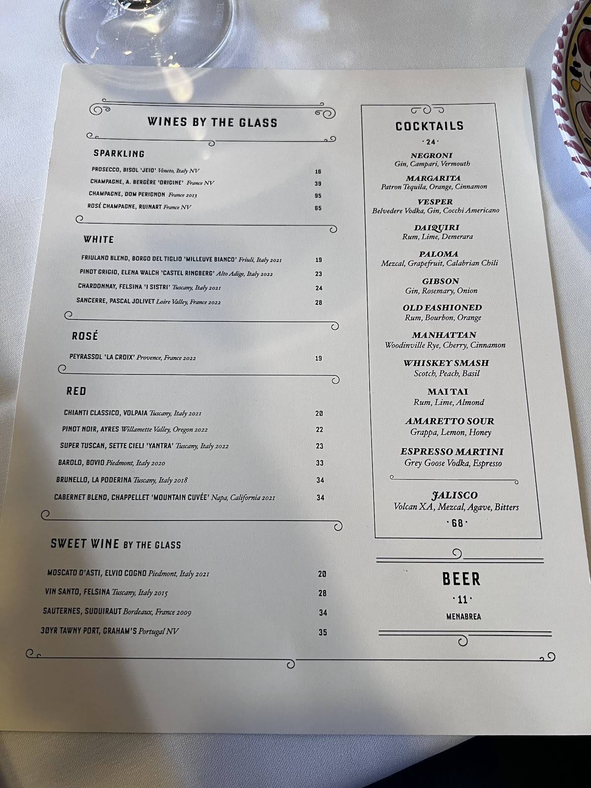 Menu at Carbone New York restaurant, New York City, 181 Thompson St