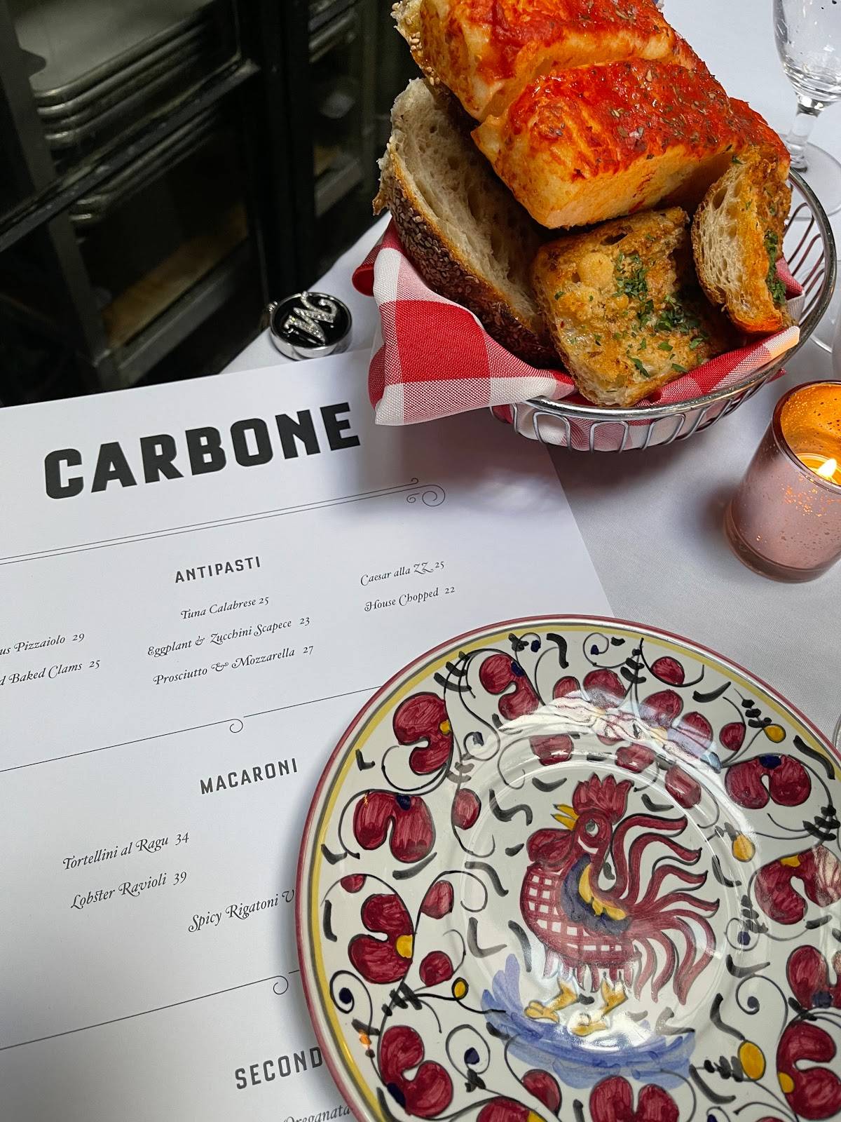 Menu at Carbone New York restaurant, New York City, 181 Thompson St