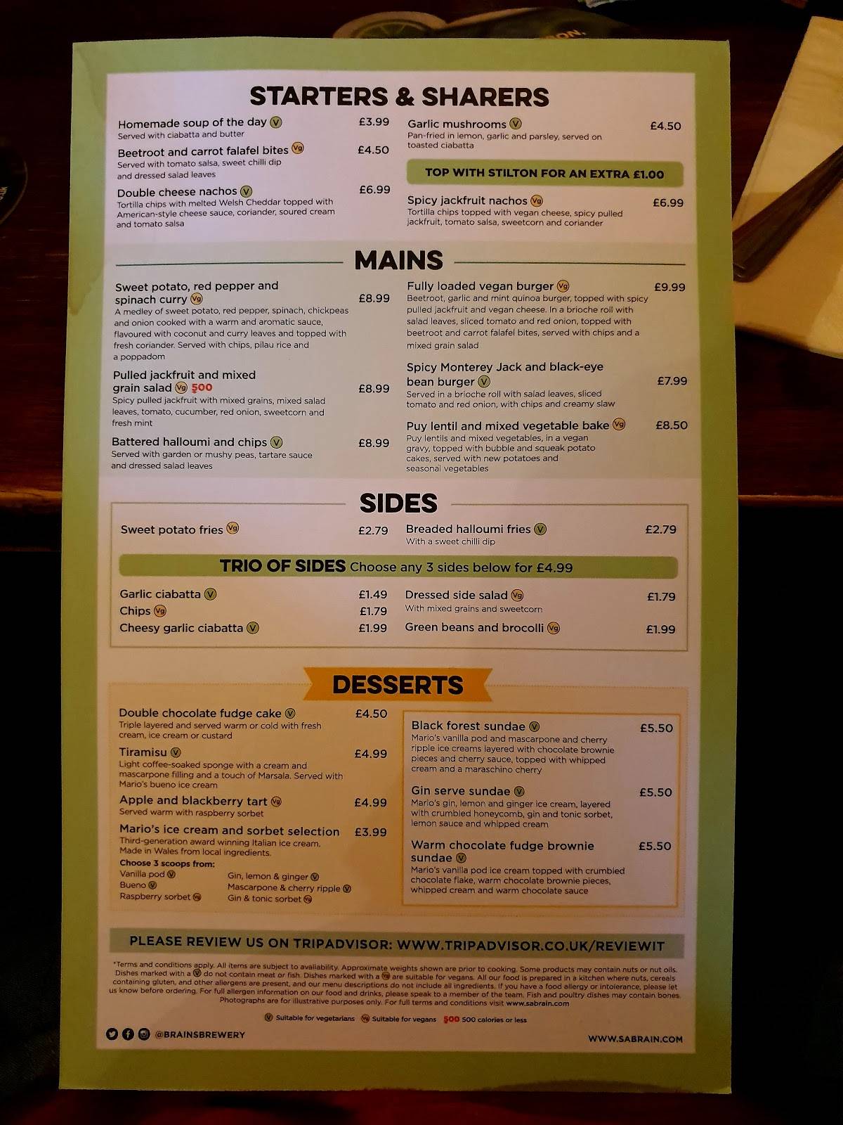 Menu at Ty Nant Inn pub & bar, Cardiff, Ty-Nant Rd