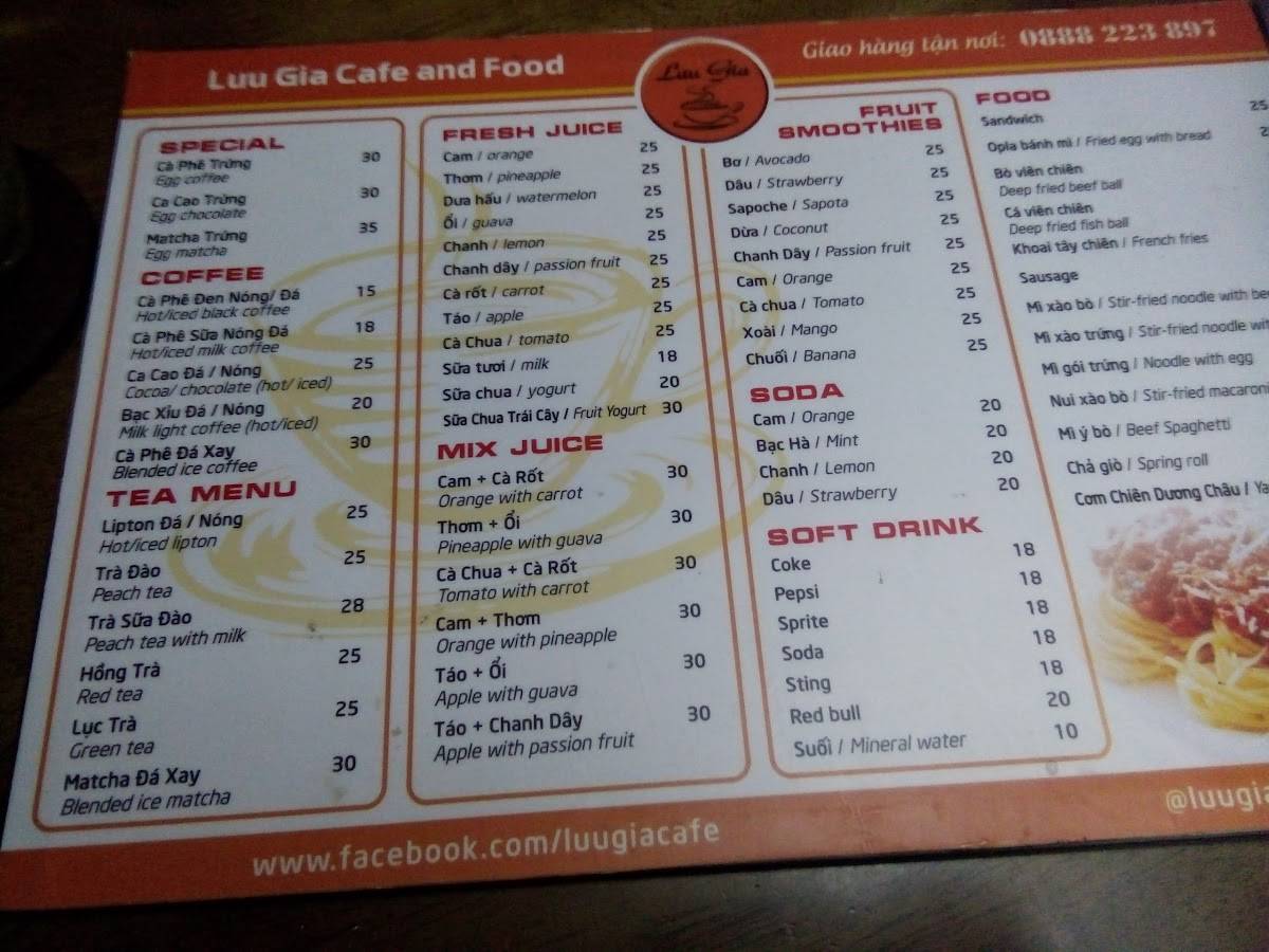 Menu at Luu Gia Cafe, Ho Chi Minh City