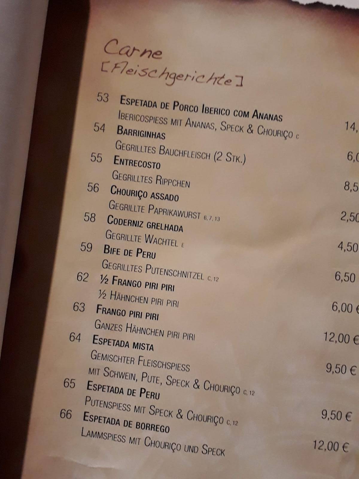 Speisekarte von Carlos Restaurant, Schwerte