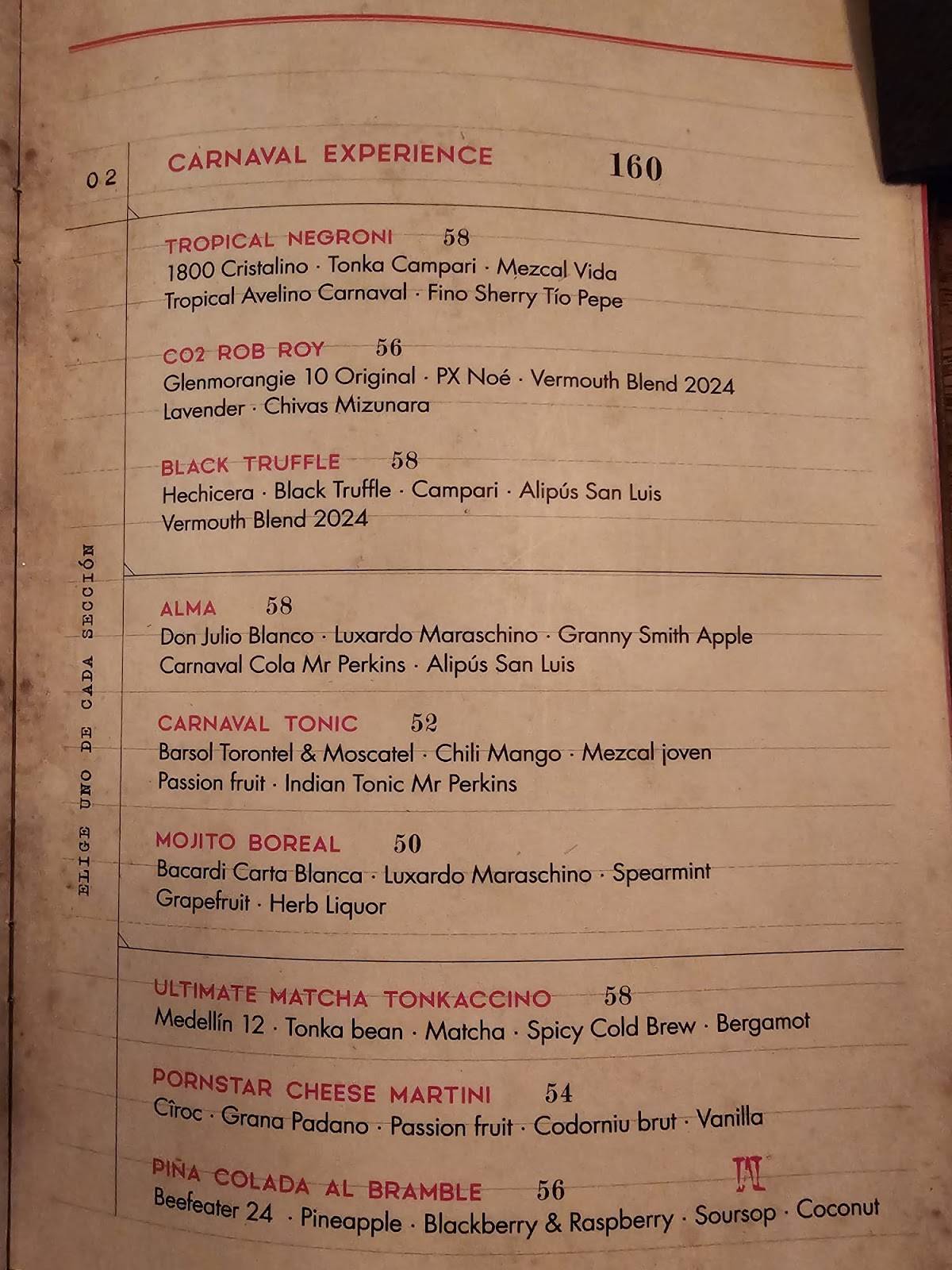Menu at Carnaval pub & bar, Lima