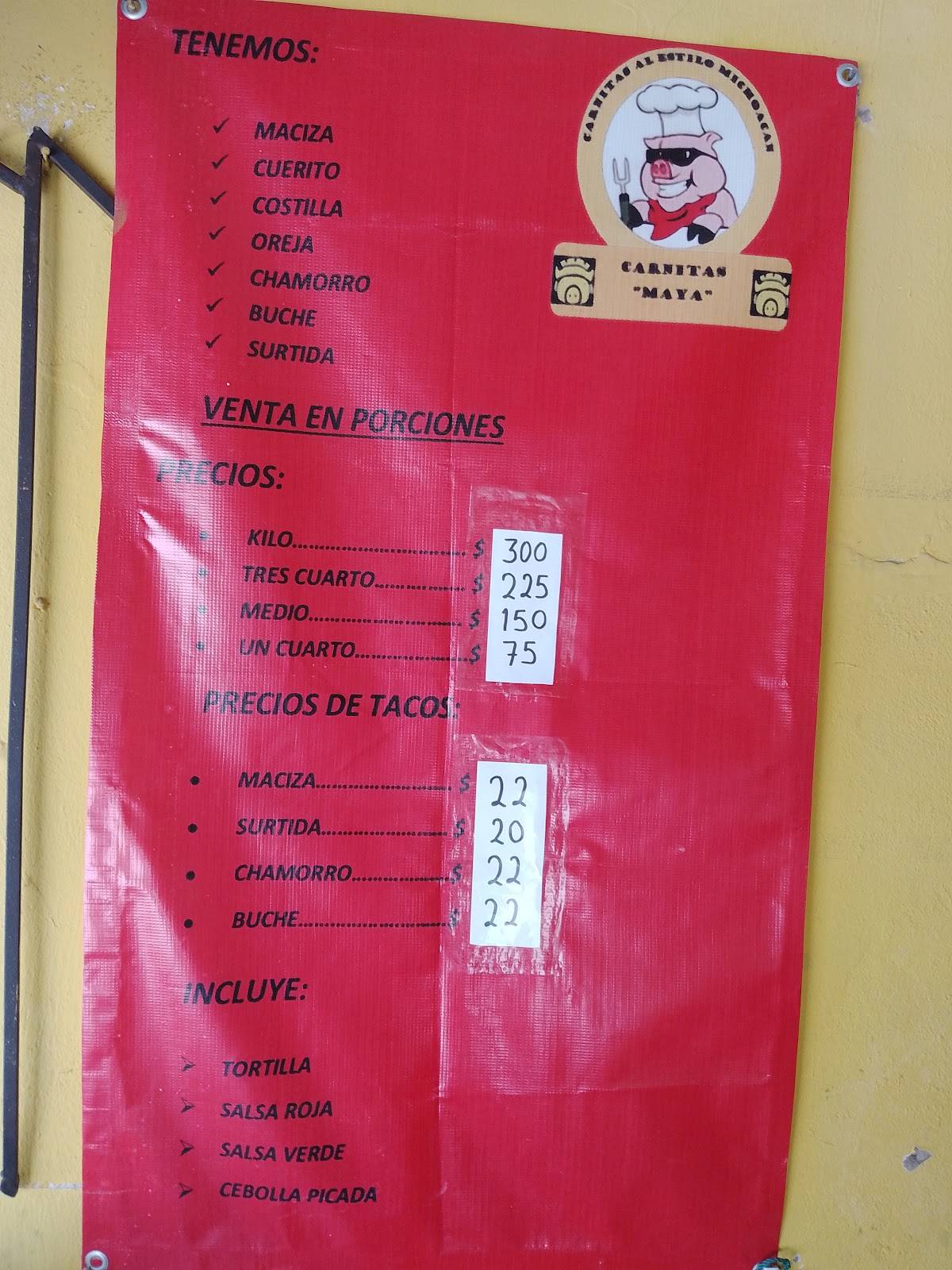 Menu at Carnitas Maya restaurant, Palenque