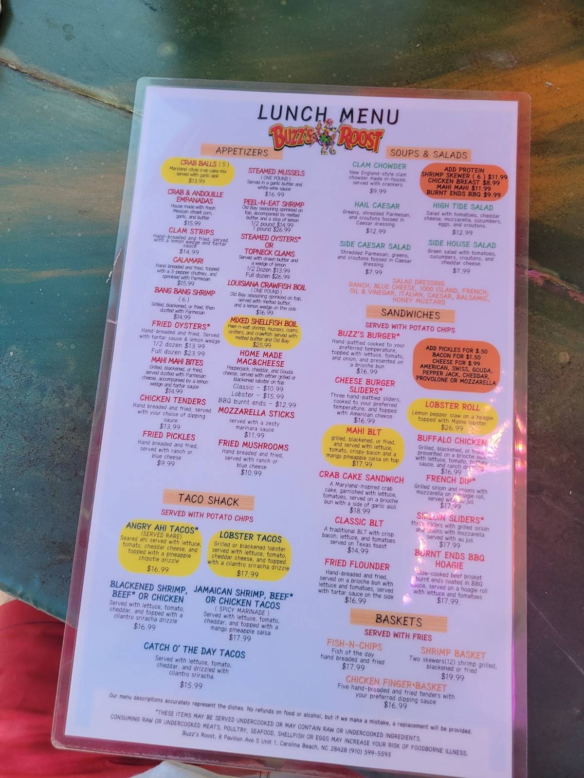 Menu at Buzz's Crab Shack & Seafood pub & bar, Carolina Beach